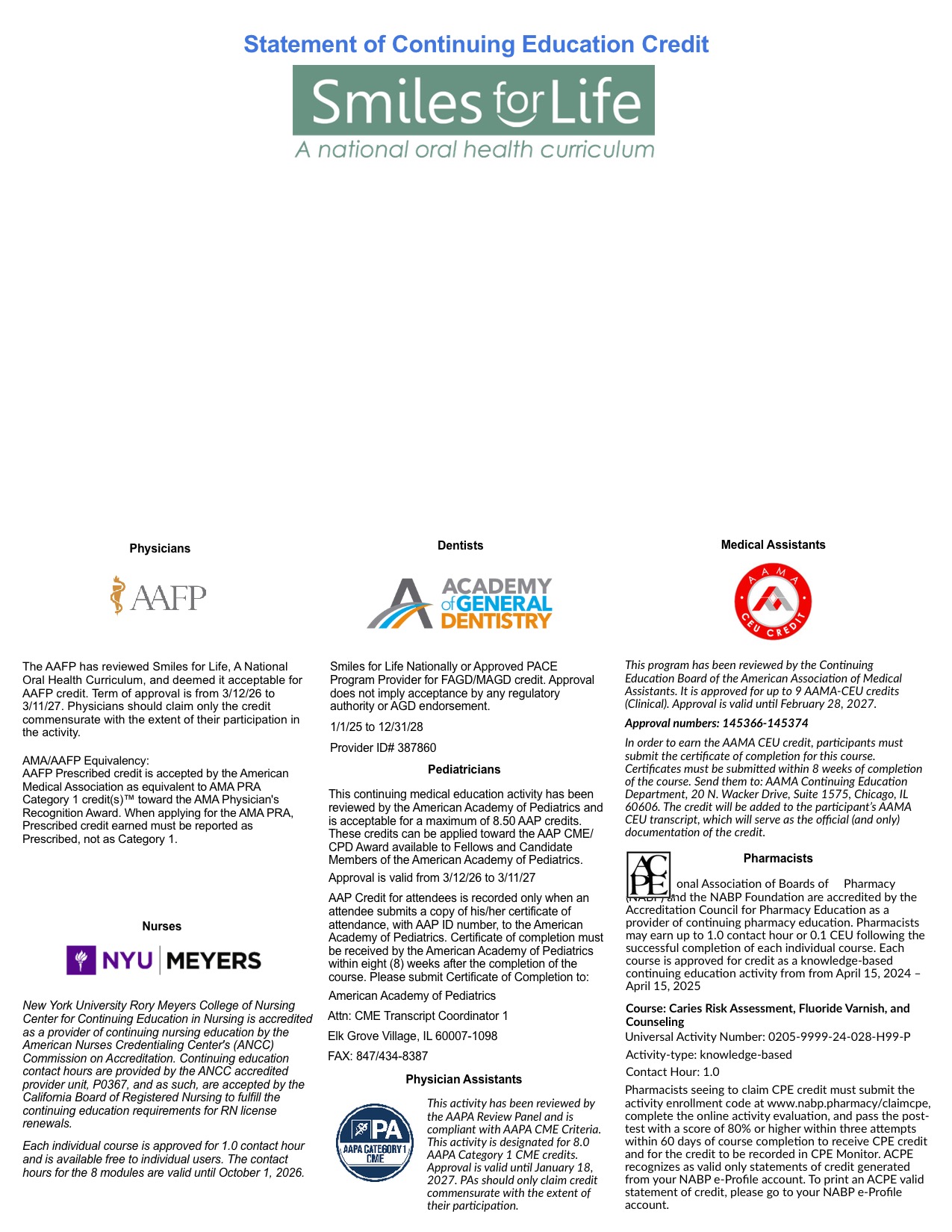 Certificate Caries Risk Assessment_3-27-26 | Smiles for Life Oral Health